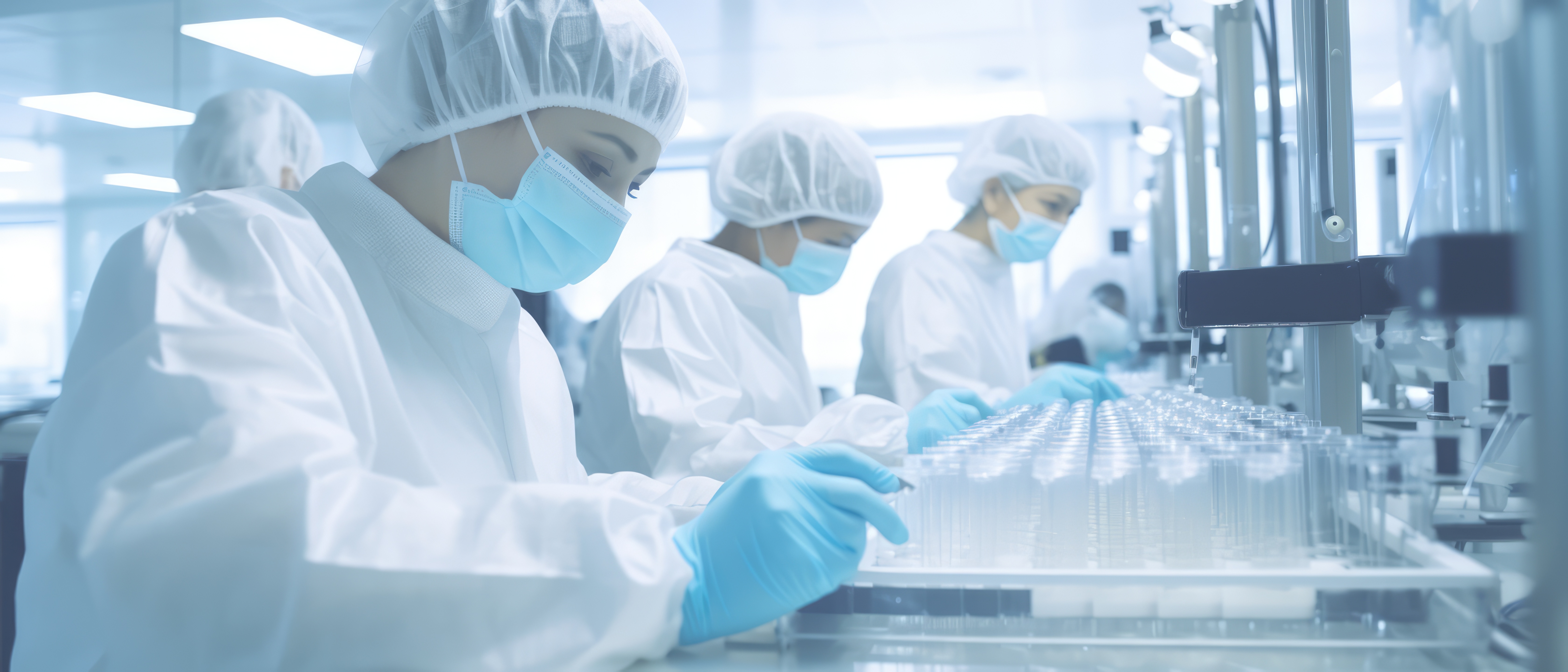 staff check Medical vials on production line at pharmaceutical factory ...